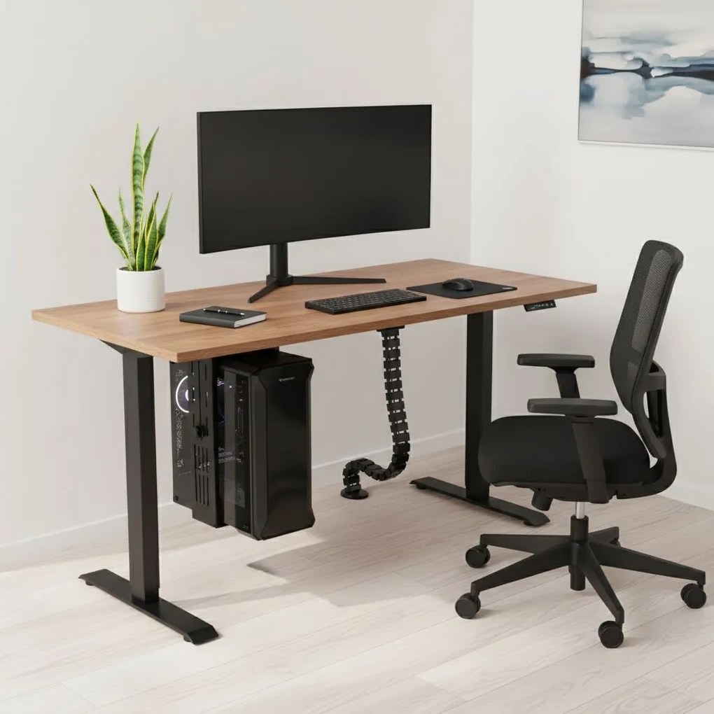 Výškově nastavitelný stůl OfficeTech A, 160 x 80 cm, černá podnož, dub silverjack