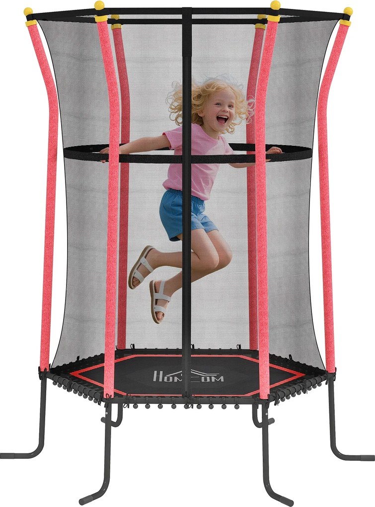 HOMCOM Dětský Trampolína Ø163,5 cm, Vnitřní Trampolína s Ochrannou Síťkou a Krytem přes Okraj, Dětská Trampolína do 50 kg, pro Děti 3-10 let Červená |