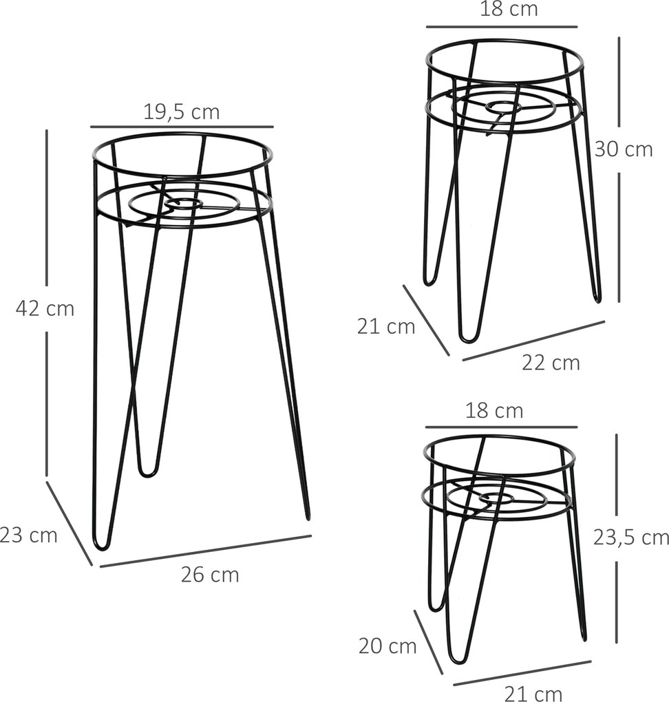 Sada 3 kovových stojanů na květiny Outsunny pro květináče do Ø16 cm, elegantní stojan na květiny v černé barvě | Aosom.de