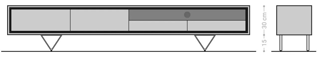 DELIFE TV stolek Stonegrace 240 cm akácie hnědá kamenná dýha 2 dvířka 2 zásuvky 1 přihrádka podnož ve tvaru V černá