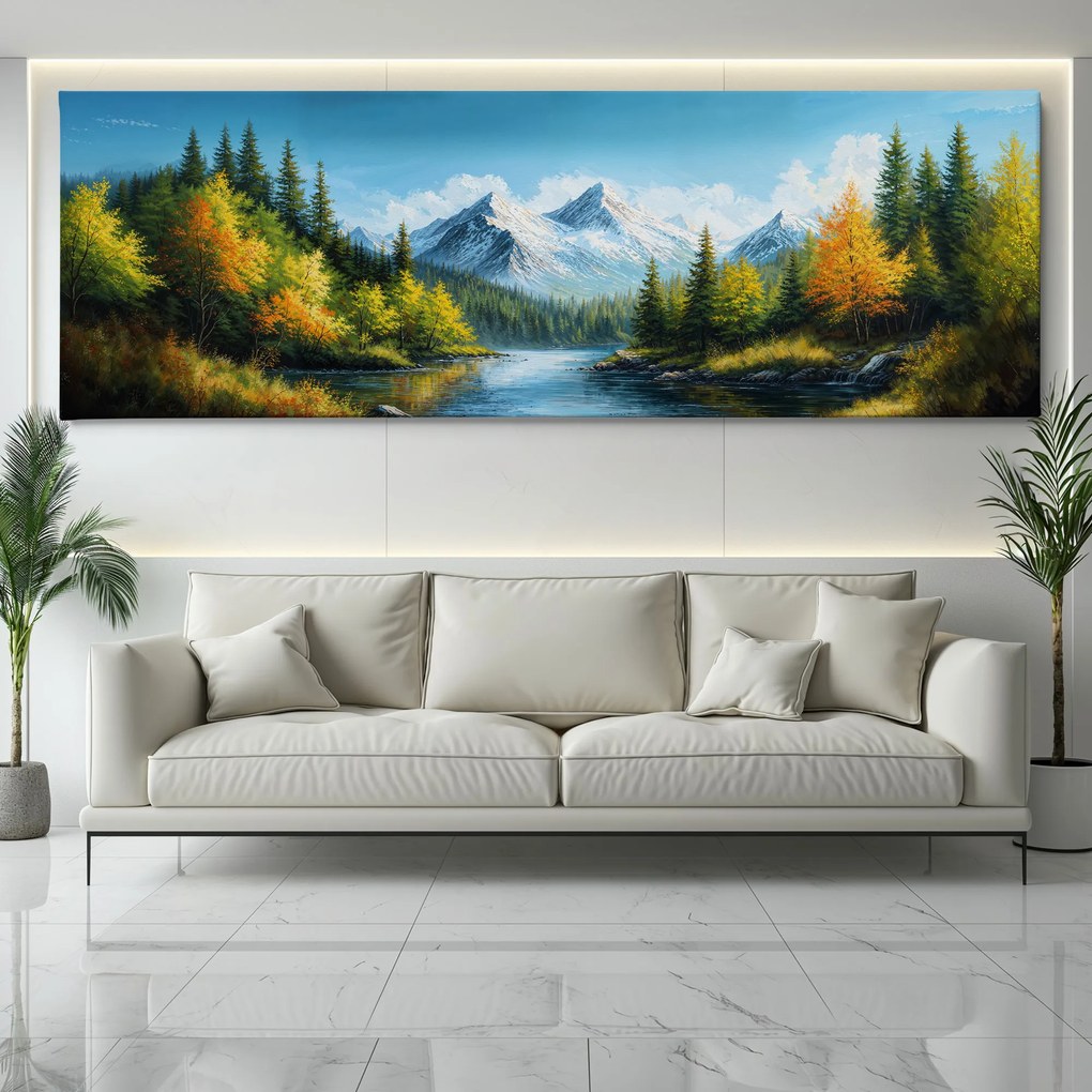 Obraz na plátně - Kamenná říčka se klikatí v lesích FeelHappy.cz Velikost obrazu (šířka x výška): 210 x 70 cm
