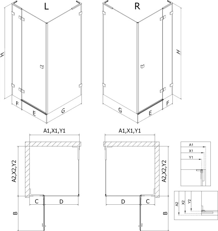 Mexen Lunar, L sklápěcí sprchový kout levý 95 x 90 cm, 8mm čiré sklo, černý profil, 834L-095-090-70-00-L