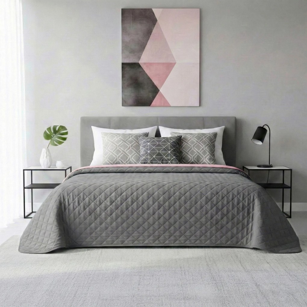 Tutumi Inez, oboustranný prošívaný přehoz 220x240 cm, tmavě šedá-růžová, NAZ-08510
