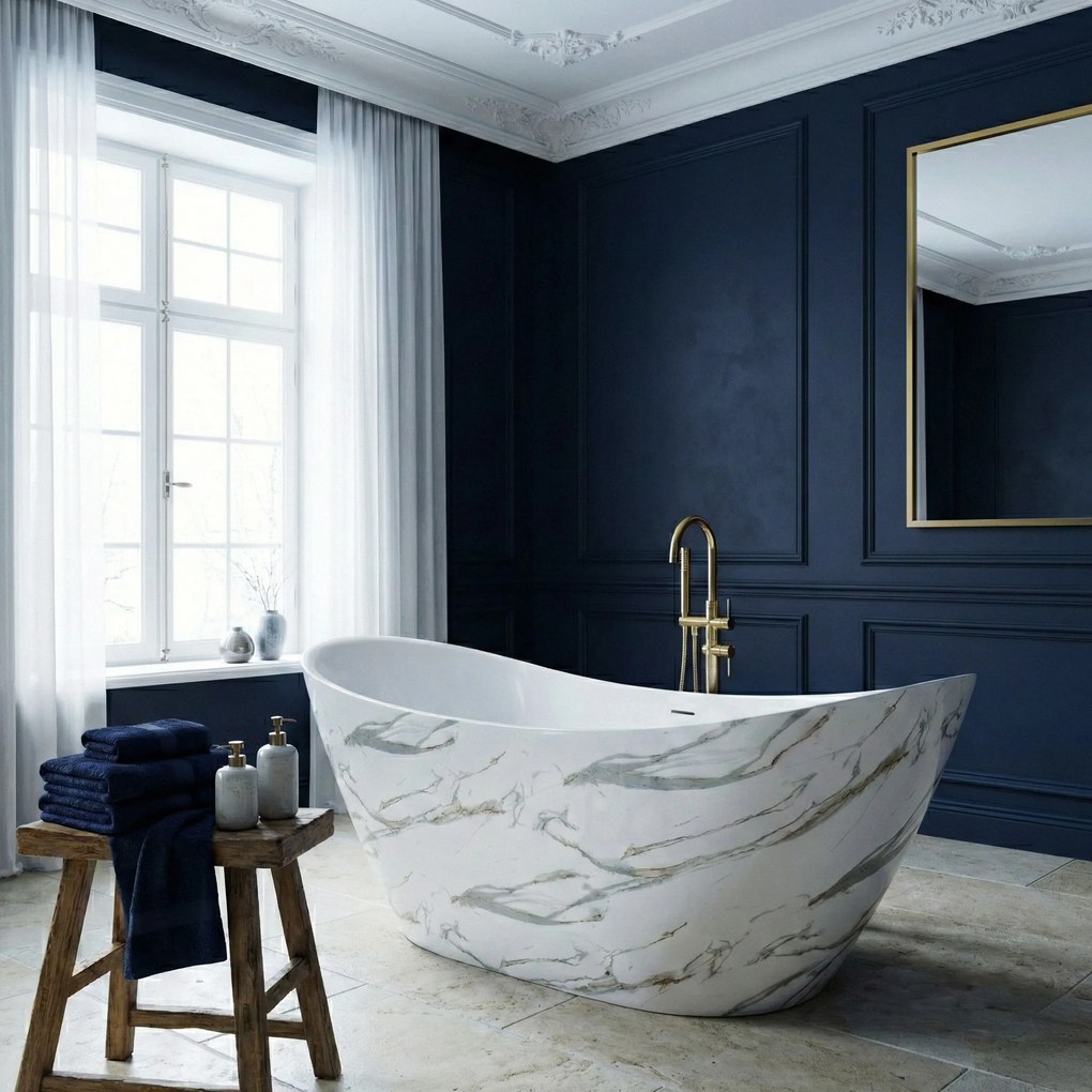 Rea Ferrano Slim, volně stojící vana 170x73 cm, imitace kamene, měděný click-clack, KPL-W8505