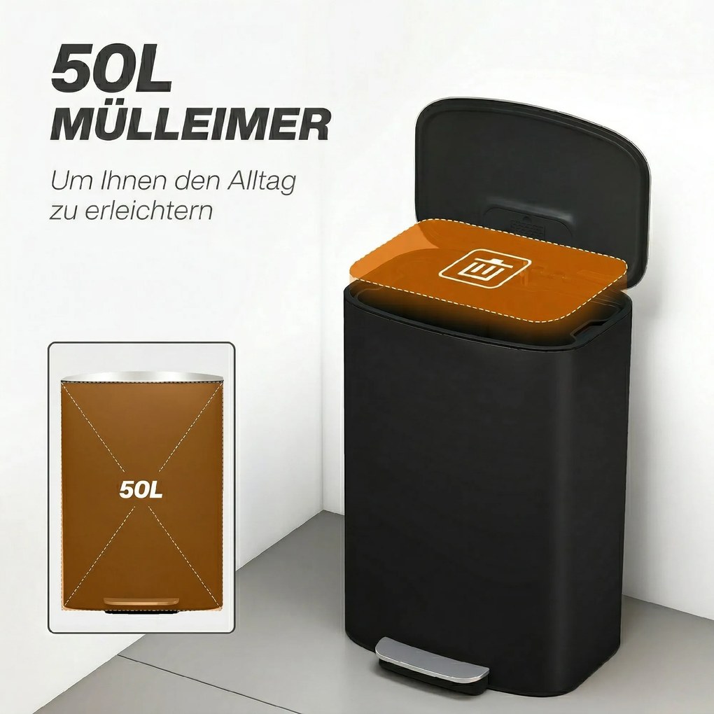 HOMCOM 50 l kuchyňský odpadkový koš se šlapacím pedálem, měkké dovírání a funkce otevření 90° – nerez/černá, 45,1 × 36,5 × 62,6 cm