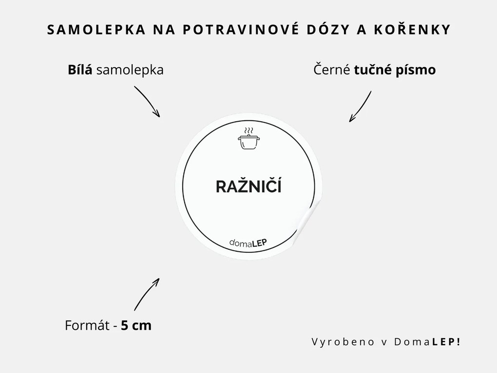RAŽNIČÍ - omyvatelná samolepka na kořenky, výběr rozměrů Ø 5 cm / 5 x 5 cm / 6 x 8 cm | DomaLEP tvar: ČTVEREC, barva: BÍLÁ - ČERNÉ písmo, velikost: š. 5 cm x v. 5 cm - základní písmo