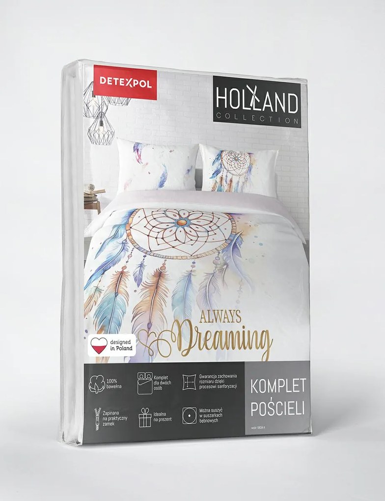 Detexpol Bavlněné povlečení 160x200 bílé v boho stylu s lapačem snů a peřím Always Dreaming – 5834 A – Celoroční sada ložního prádla Floral Elegance
