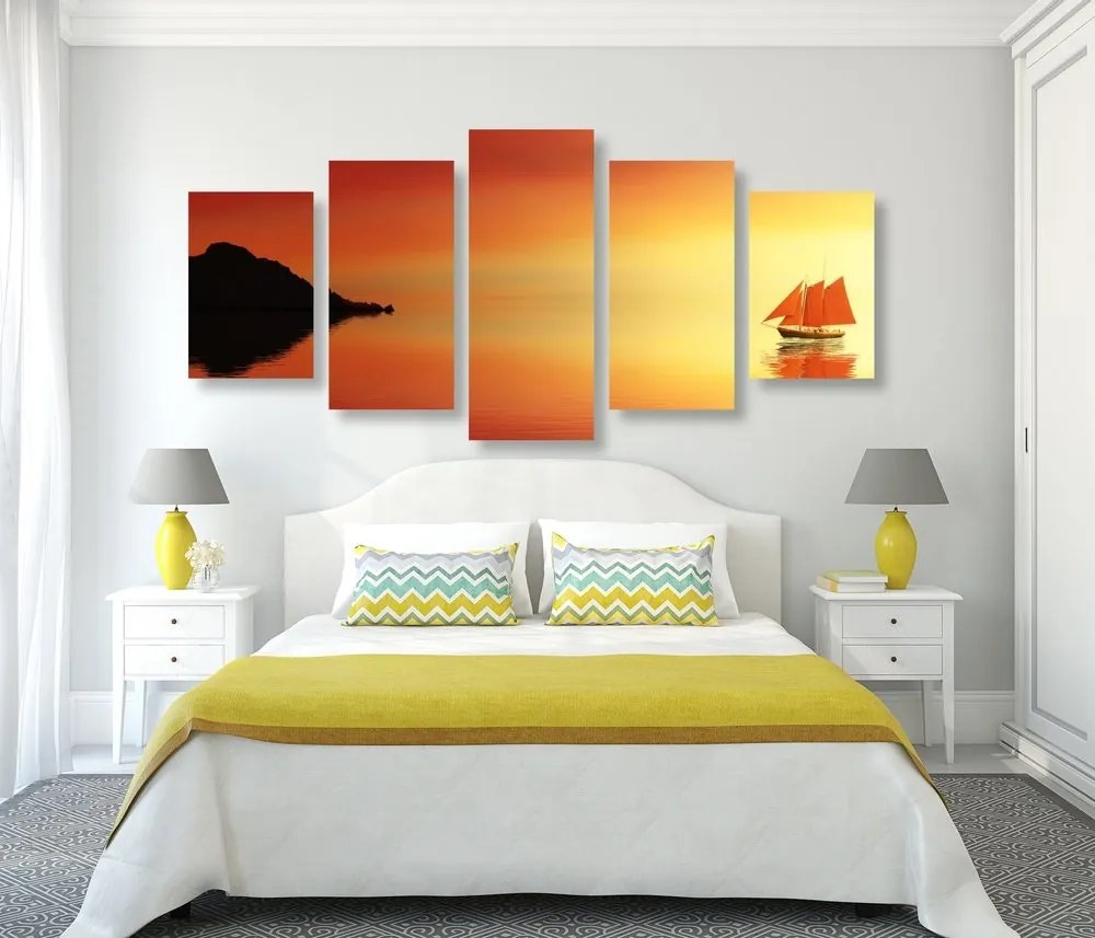 5-dílný obraz oranžová plachetnice - 200x100 cm