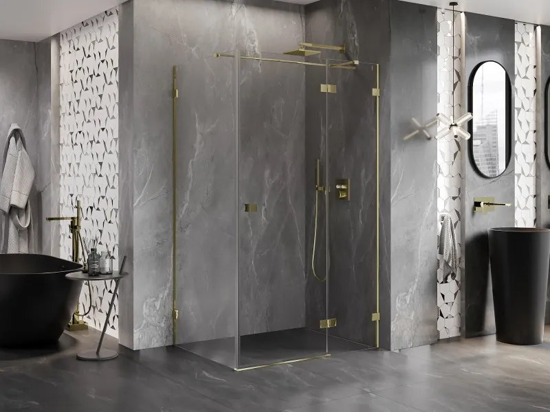 Mexen Lunar T, výklopný sprchový kout pravý 120 x 90 cm, 8mm čiré sklo, zlatý profil, 834T-120-090-50-00-P