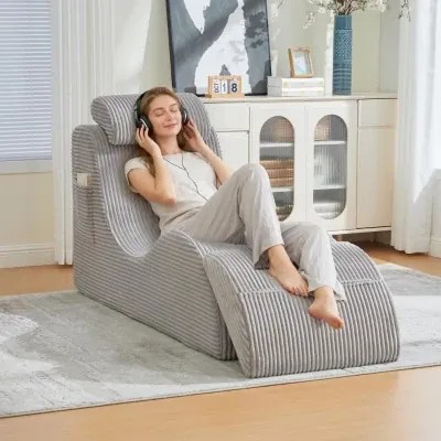 Aosom Moderní volnočasové křeslo s ergonomickým opěradlem, odnímatelným sedákem a boční kapsou, 160 x 66 x 90 cm, Světle šedá