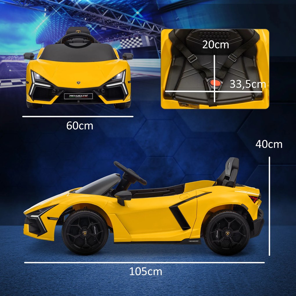 AIYAPLAY elektrické auto 12V licencovaný Lamborghini Revue, dálkové ovládání, rychlost 3-5 km/h, 3-5 let, žluté