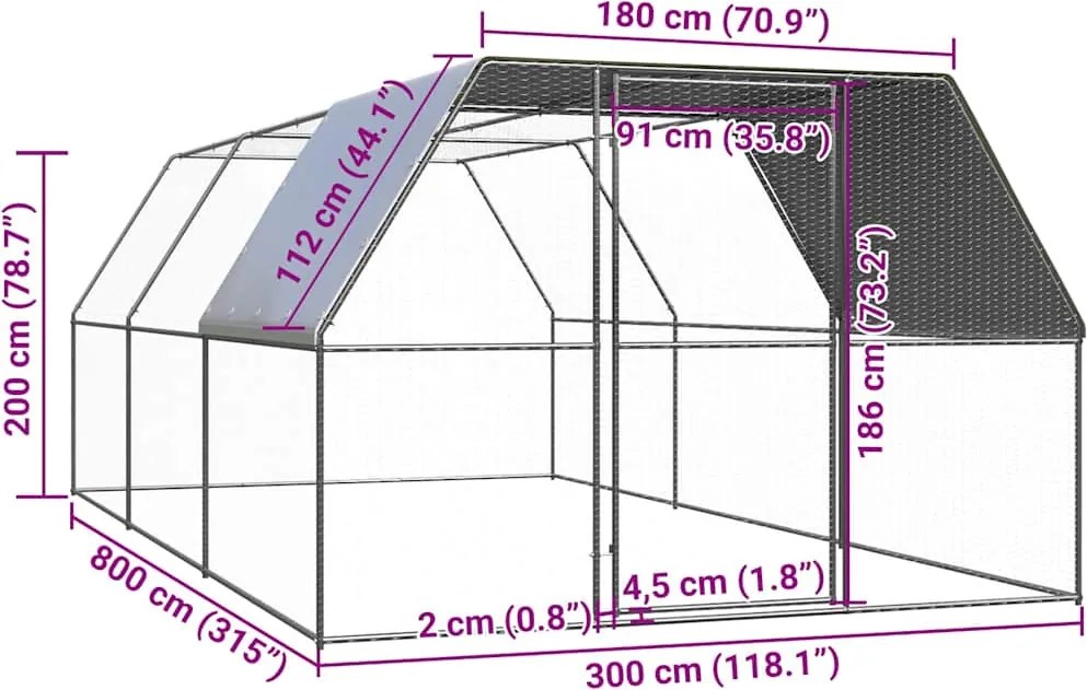 Venkovní klec pro kuřata 3 x 8 x 2 m pozinkovaná ocel 3089326