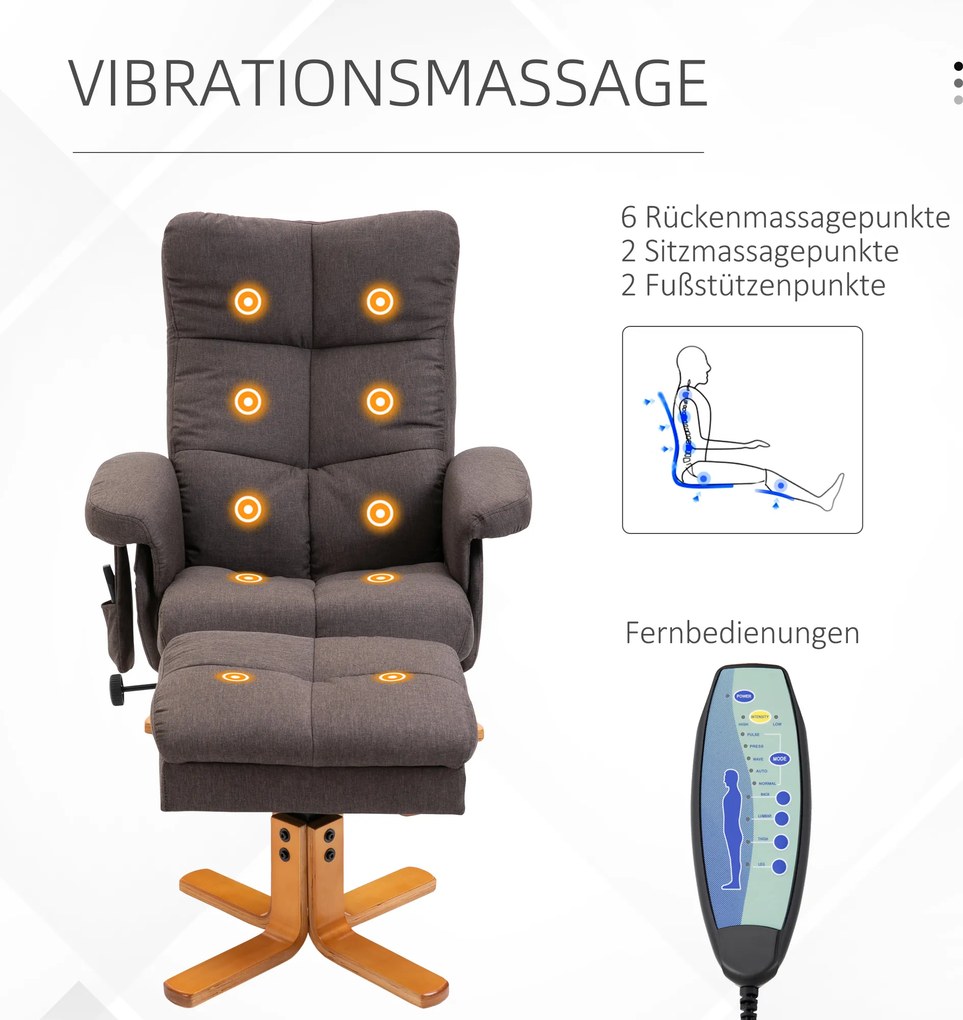 HOMCOM Relaxační křeslo s podnožkou, úložný prostor, elektrické masážní křeslo s funkcí lehátka, otočné televizní křeslo s boční kapsou, dálkové ovlá…