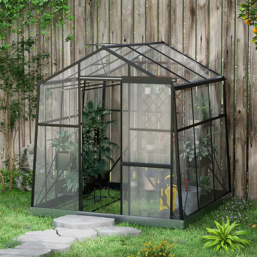 Outsunny skleník hliníkový 192 x 204 cm Skleník 3,68 m² s oknem, posuvnými dveřmi a základem pro pěstování rostlin Černá