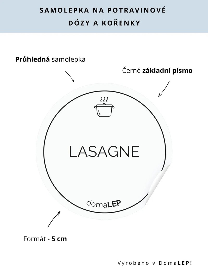 LASAGNE  – průhledná samolepka na dózu, základní písmo, 5 cm | DomaLEP