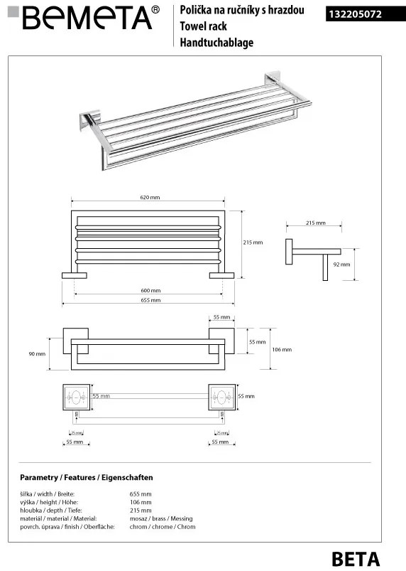 Bemeta Design BETA: Držák ručníků, 600 mm, s hrazdou -