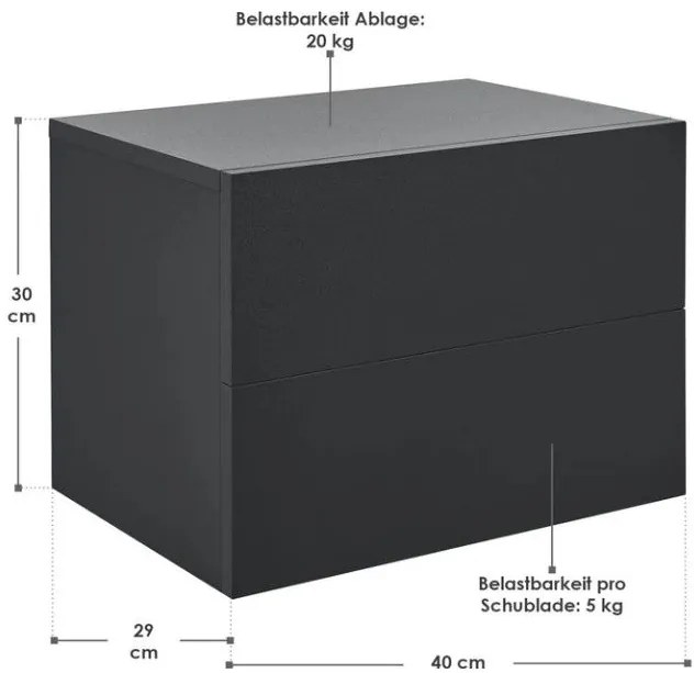 Závěsný noční stolek 40x29x30 cm černý, 2 zásuvky