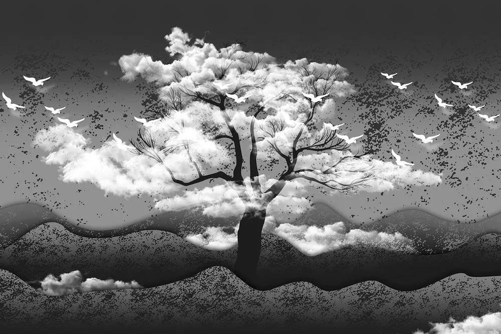 Samolepící tapeta černobílý strom zalitý oblaky - 150x100 cm