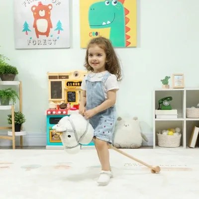 AIYAPLAY hlavice koně na dřevěné tyči Design jednorožce Zvuky a kolečka Houpací kůň 95 cm Bílá