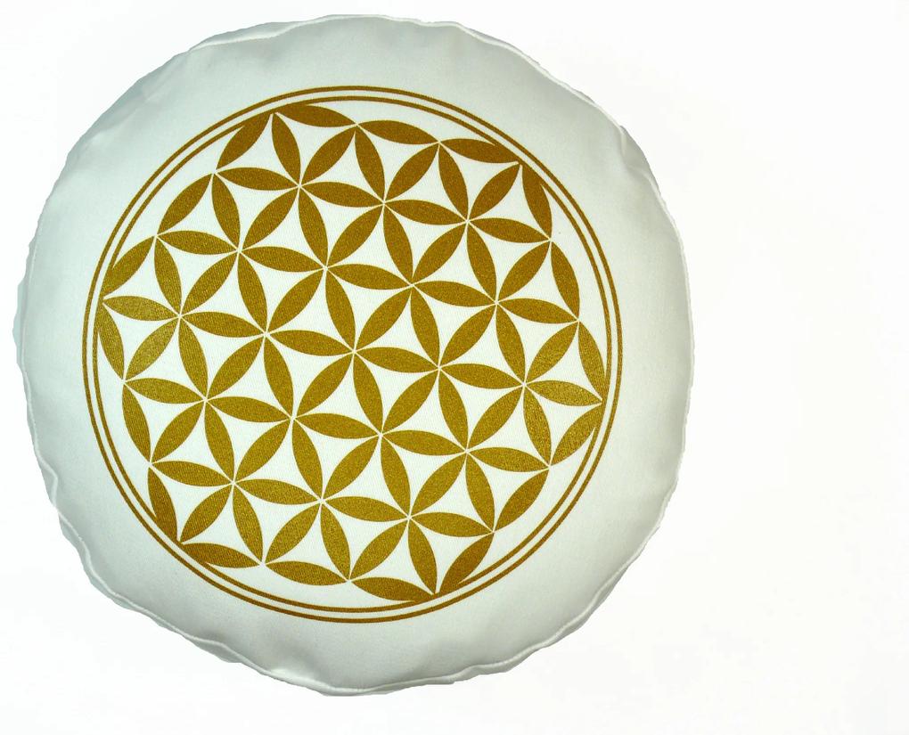 S radostí - vlastní výroba Meditační polštář se zlatým Květem života - bílý Velikost: ∅30 x v18 cm
