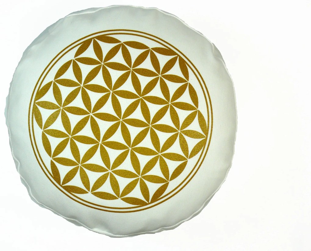 S radostí - vlastní výroba Meditační polštář se zlatým Květem života - bílý Velikost: ∅30 x v25 cm