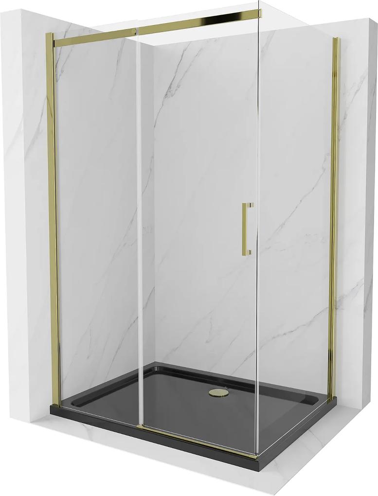 Mexen Omega, sprchový kout s posuvnými dveřmi 100 (dveře) x 80 (stěna) cm, 8mm čiré sklo, zlatý profil + slim sprchová vanička černá + zlatý sifon, 825-100-080-50-00-4070G