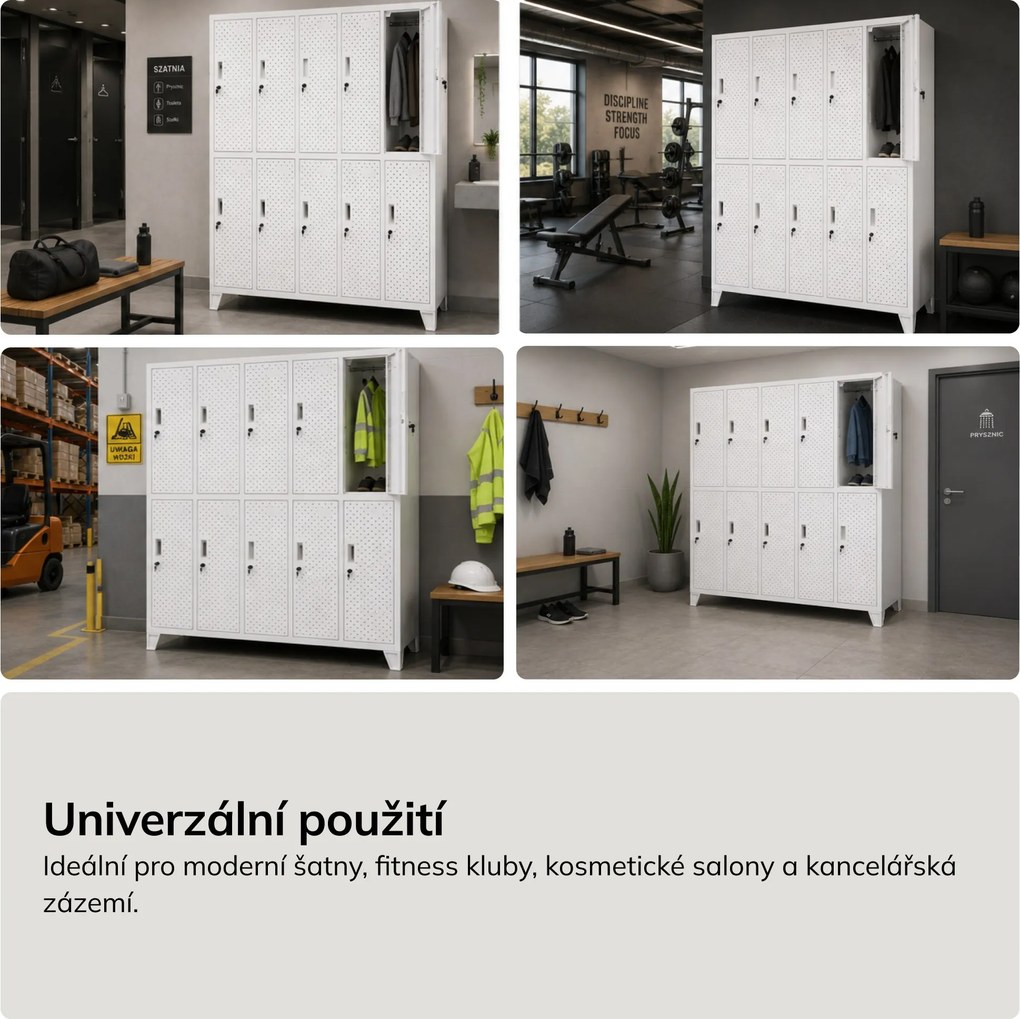 Šatní bezpečnostní skříň, schránková, perforovaná, 10 schránek, bílá, 1360x1720x450 mm: BARTEK PRO