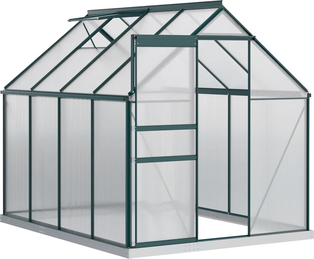 Zahradní skleník Outsunny z polykarbonátu 190x253x199cm, s otevíracími okny a posuvnými dveřmi, hliníková konstrukce, zelený | Aosom