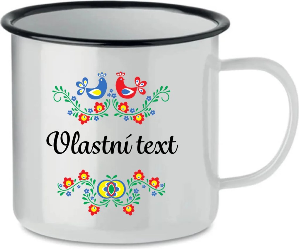 Personalizovaný bílý retro plecháček s folklórním vzorem