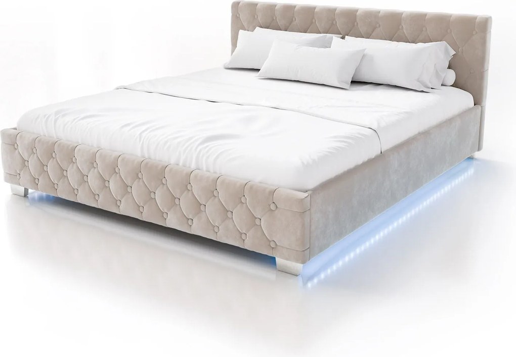 Juskys Čalouněná postel Nizza s LED osvětlením Barva: béžová, Velikost: 140 × 200 cm