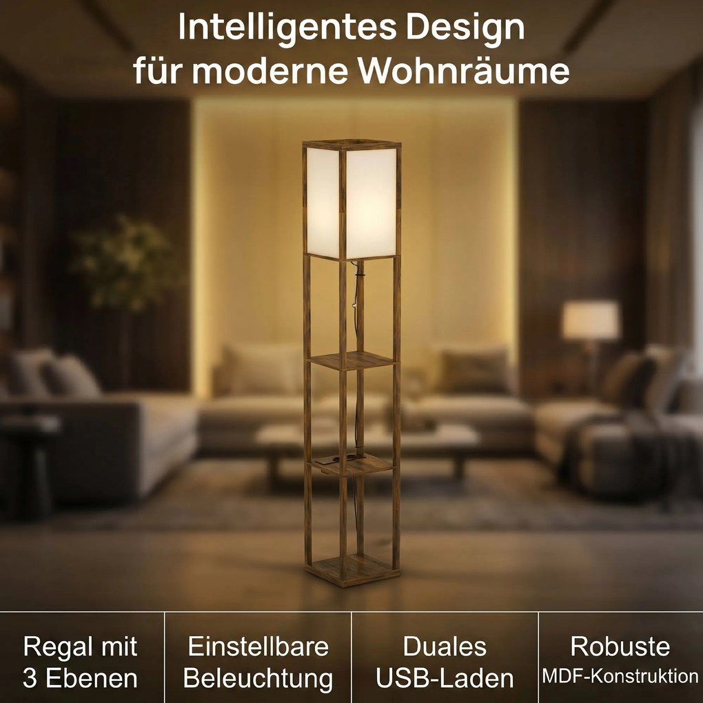 HOMCOM LED stojací lampa se 3 policemi, stojací lampa s objímkou E27, 26 x 160 cm, pro obývací pokoj/ložnici