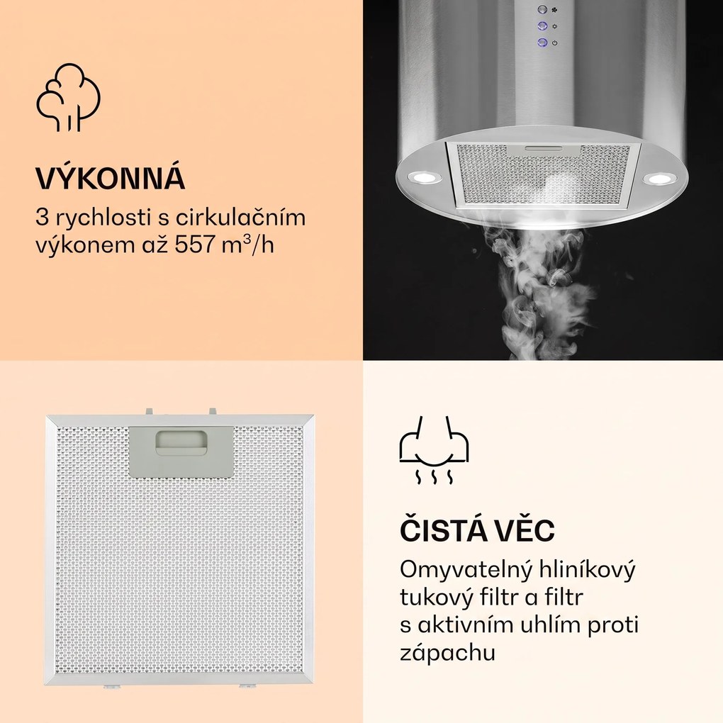 Klarstein Barella, digestoř, 35 cm, ostrůvková, 519 m³/h, LED, stříbrná