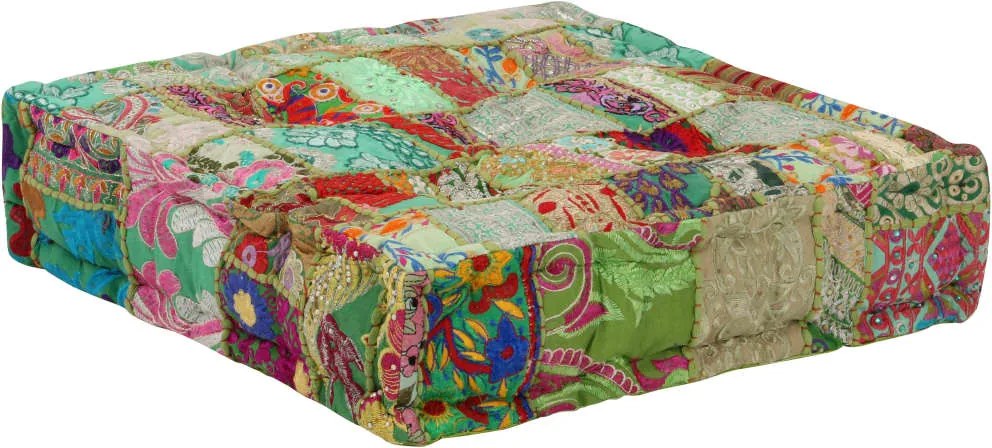 Sedací puf patchwork čtverec ručně vyrobený 50x50x12 cm zelený 246576