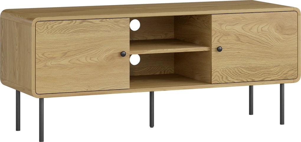 HOMCOM TV nábytek, televizní skříň až do 140 cm s 2 dveřmi, 2 otevřenými přihrádkami, kovovými nohami, 120 x 40 x 50 cm, dub