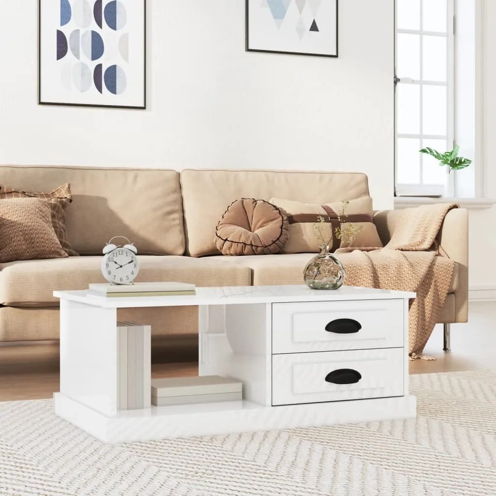 Konferenční Stolek Bílý S Leskem 90X50X35 Cm Kompozitní Dřevo - Černá