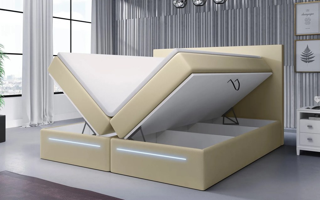 K&M postele Boxspring postel SEJOUR s úložným prostorem a LED Velikost postele: 140 × 200 cm, Výběr matrace: Taštičková zónová matrace - měkká (70–11…