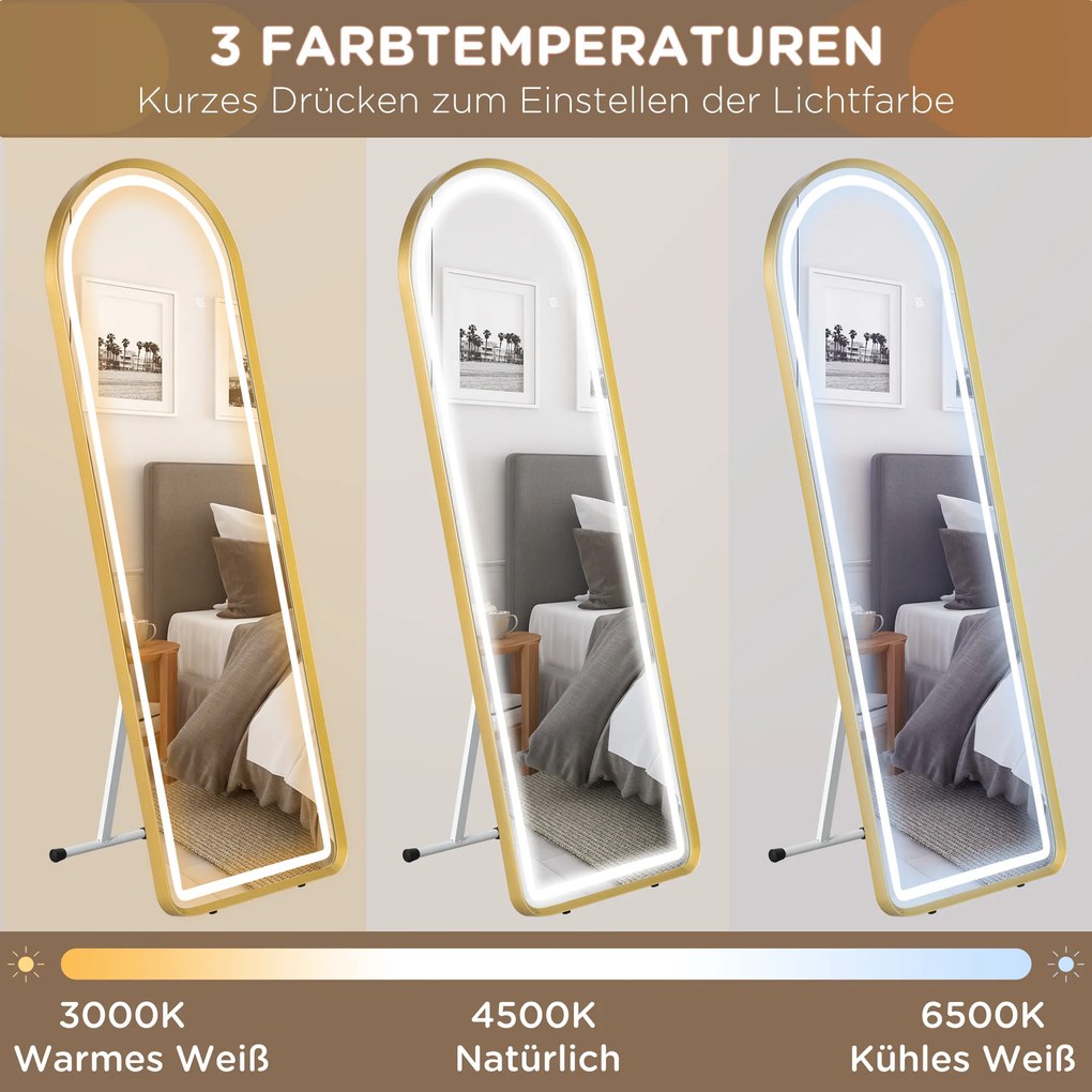HOMCOM Zrcadlo po celé délce se stmívatelným LED světlem, nástěnné a stojací zrcadlo, šatní zrcadlo s dotykovým spínačem, zlaté 47x146 cm | Aosom.de