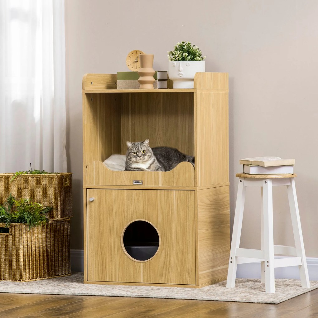 PawHut Kočičí záchodová skříňka, kabinet na kočičí záchod, 3 úrovně, oddělení uzavřené dveřmi, 1 polštář, 60 x 45 x 103 cm