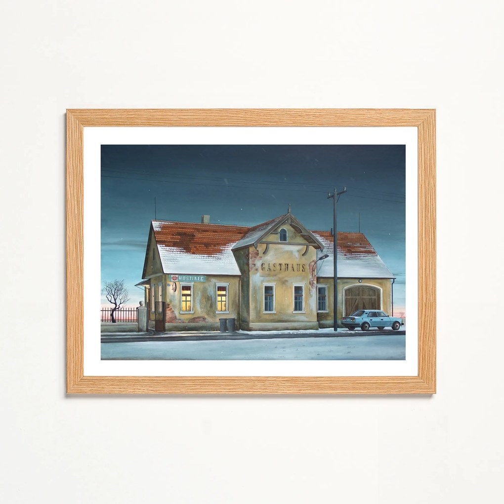Štěpán Jirák | Hospoda v zimě Rám: Černý, Velikost: 20 x 30 cm