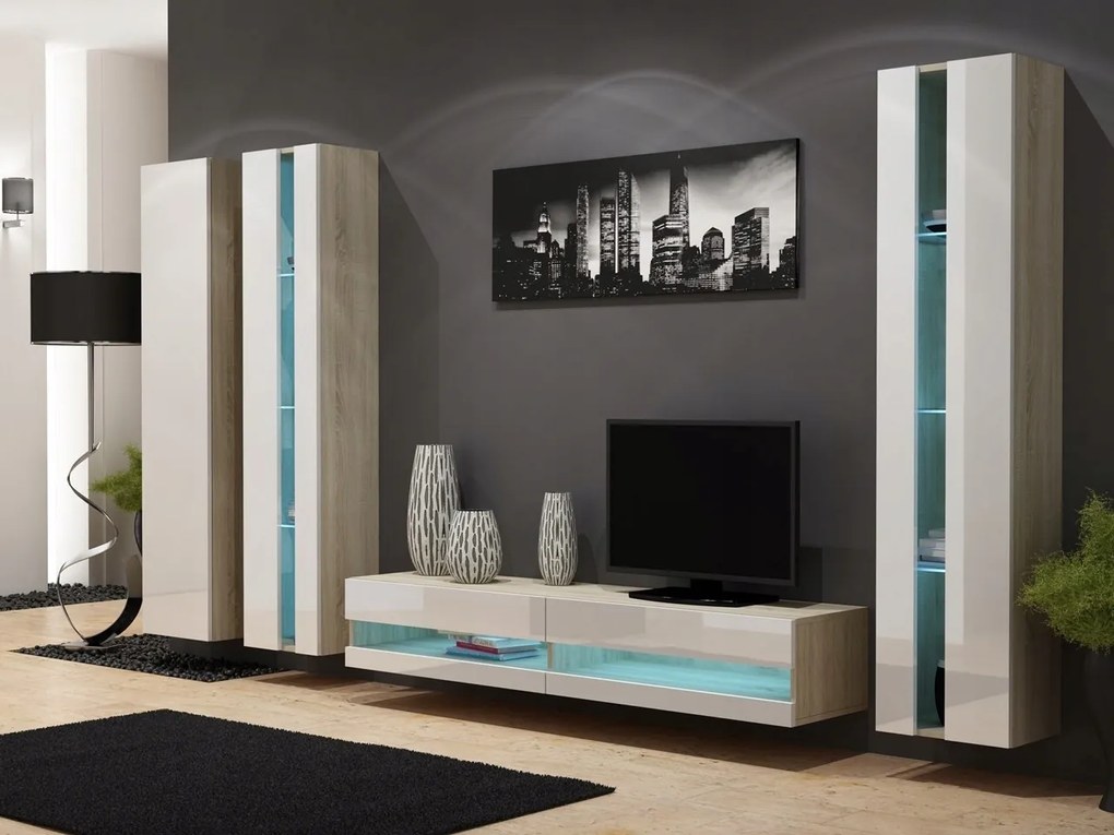 Nábytková Stěna Govi New 6E dub sonoma bílý lesk