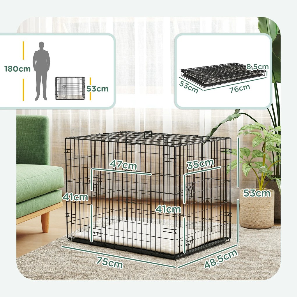 PawHut Klec pro psy, skládací přepravní klec se 2 dveřmi, odnímatelný tác, pratelné měkké polstrování, ocelový rám, 76 x 53 x 60 cm, černá