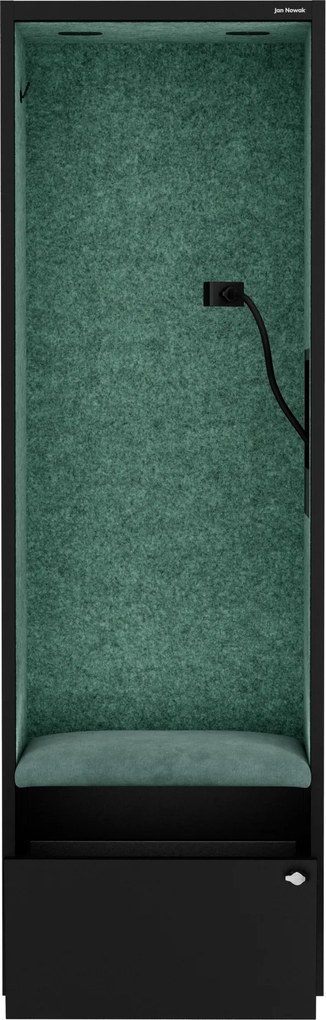 Kancelářská akustická kabina se sedátkem a USB-C portem, korpus černý / sedák zelený, 600 mm: SALLY MentalBox