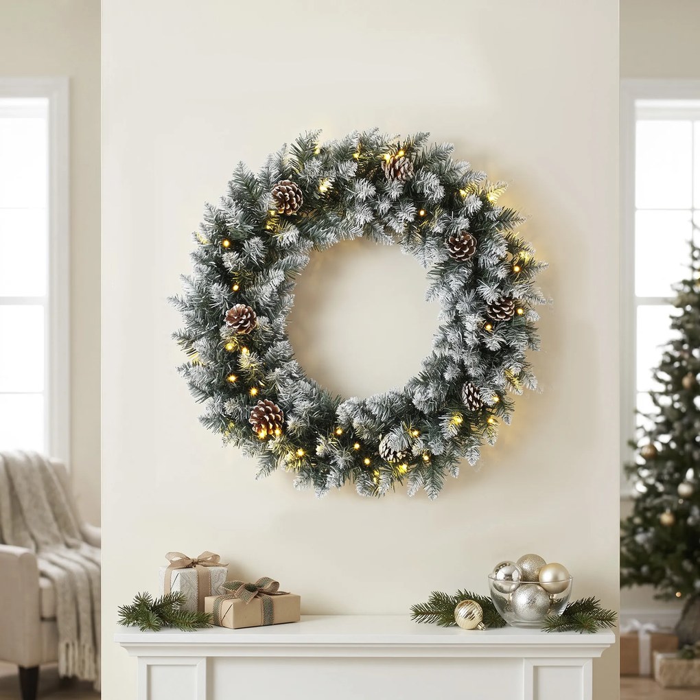 HOMCOM Vánoční věnec 60 cm Osvětlený věnec na dveře s 50 LED Šišky Umělý sníh na Vánoce Adventní dveře