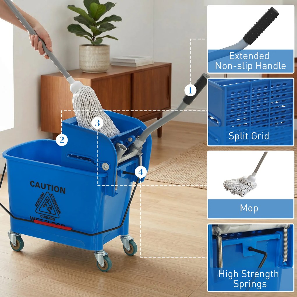 HOMCOM kyblík na vytírání s ždímacím zařízením, přepážkou na oddělení vody a kolečky, objem 20 l pro domácí úklid, 45x26,5x70 cm, modrý