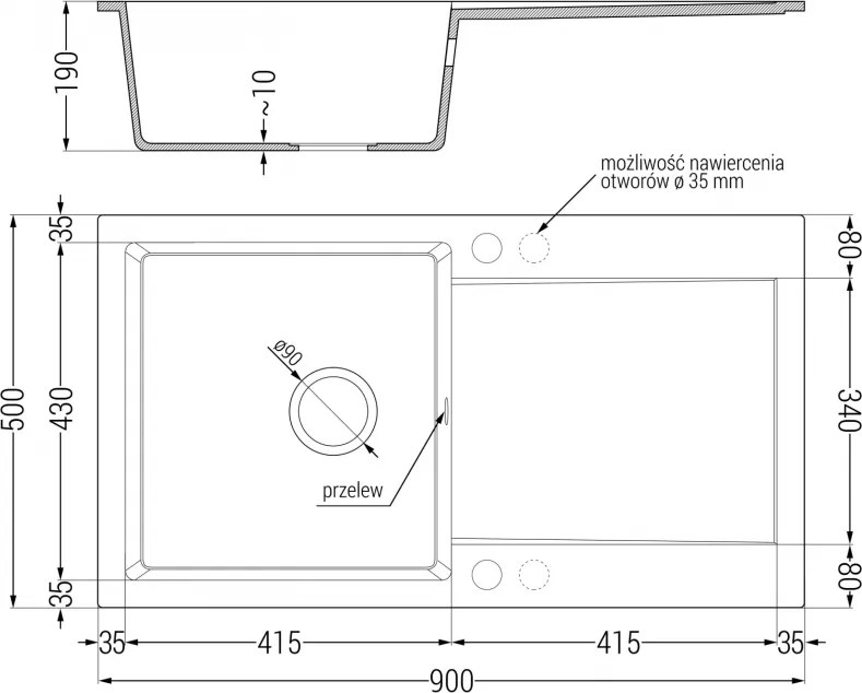 Mexen Leo, dřez granitový 900x500x190 mm, 1-komorový, bílá s černým sifonem, 6501901010-20-B