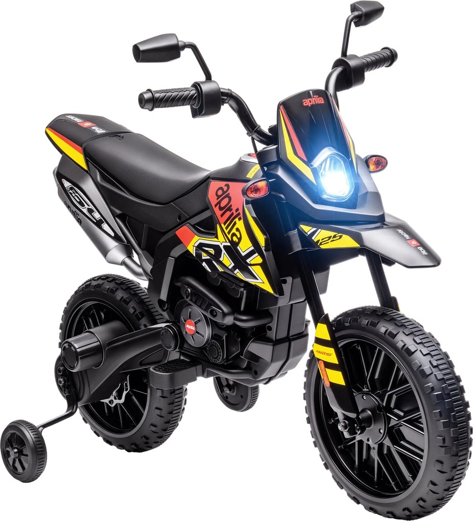 AIYAPLAY Elektrická Motorka pro Děti Aprilia s USB, Tréninkovými Kolíky, Hudbou, Světly, Děti 6 km/h Elektrické Kolo s 2 Tréninkovými Kolíky pro Děti