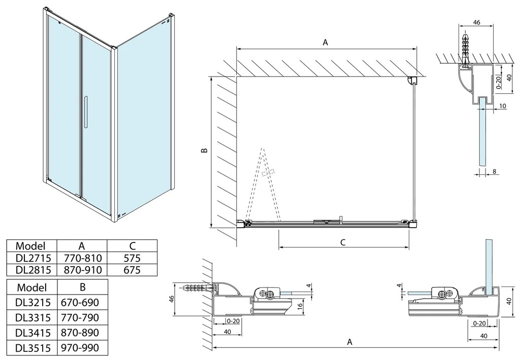 Polysan, Lucis Line obdélníková sprchová zástěna 900x800mm L/P varianta, DL2815DL3315