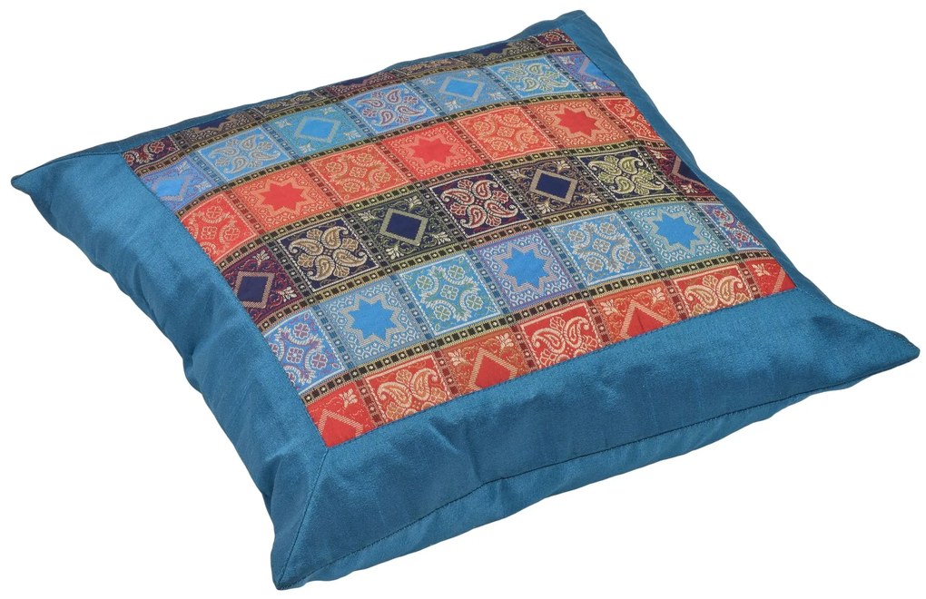 Sanu Babu Povlak na polštář s výšivkou, saténový, modrý, barevné kostičky, zip, 40x40cm