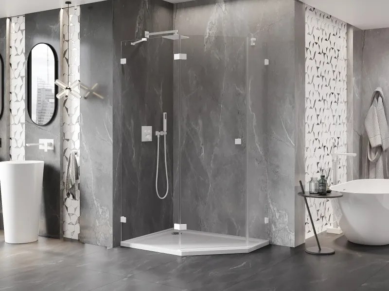 Mexen Lunar, Pětiúhelníkový sprchový kout Mexen Lunar naklápěcí doleva 100 x 80 cm, 8mm čiré sklo, bílý profil, 831-100L-080P-01-20-L