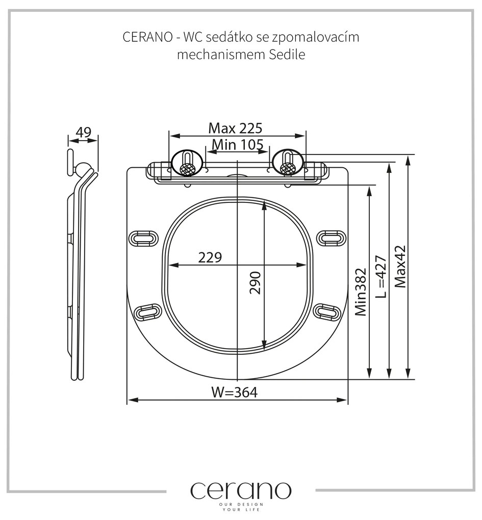 CERANO - WC sedátko se zpomalovacím mechanismem Sedile - slim - černá lesklá - 36,4x4,9x42,7 cm